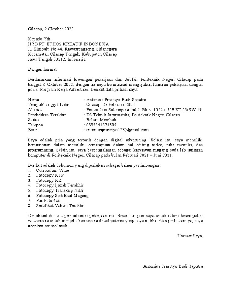 Surat Lamaran Antonius Prasetyo Budi Saputra | PDF