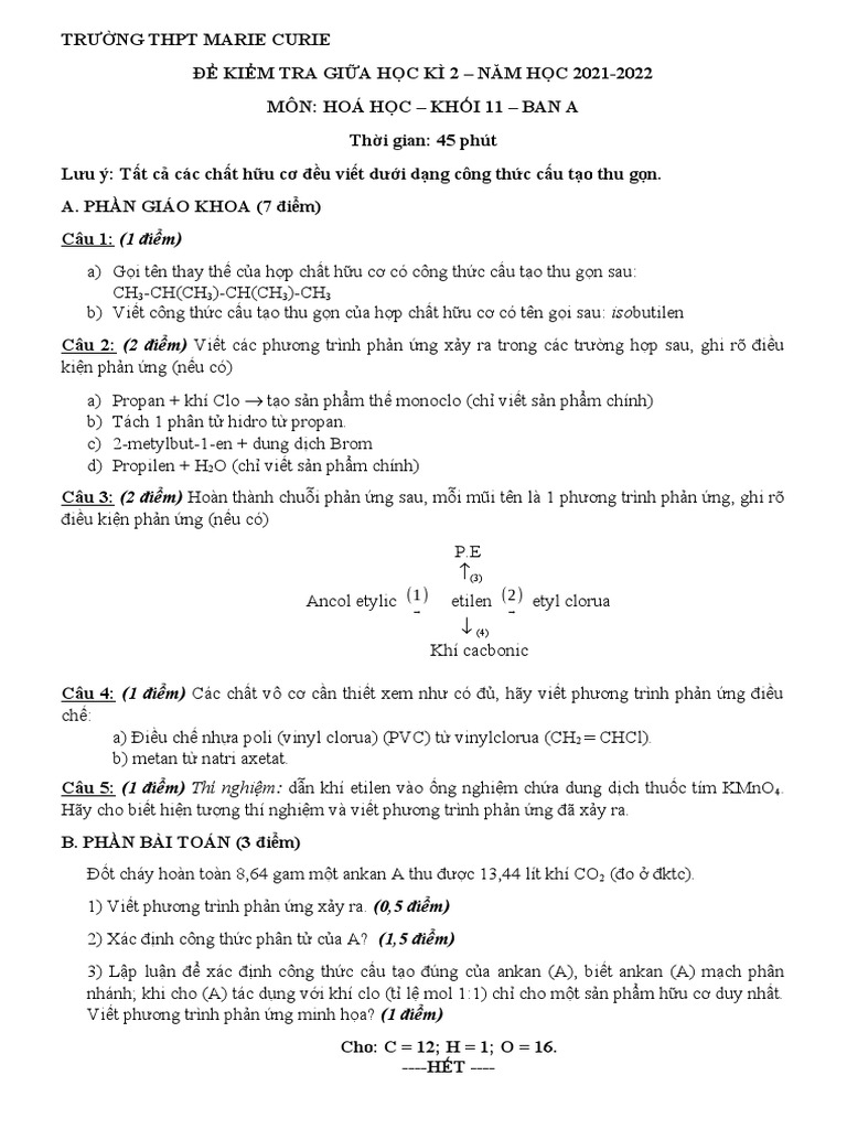 De Va Dap An Hoa 11a Chieu gk2 de 2 Chinh Thuc - 3032022123124 | PDF