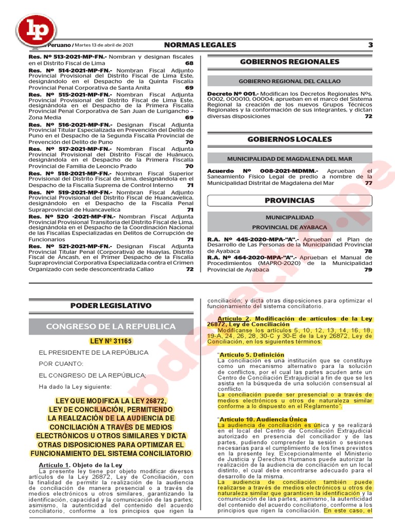 Ley 31165 Audiencias de Conciliacion Virtuales LP | PDF | Justicia ...