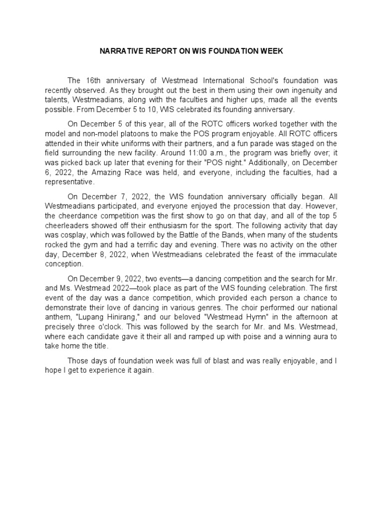 NARRATIVE REPORT ON WIS FOUNDATION WEEK Word | PDF