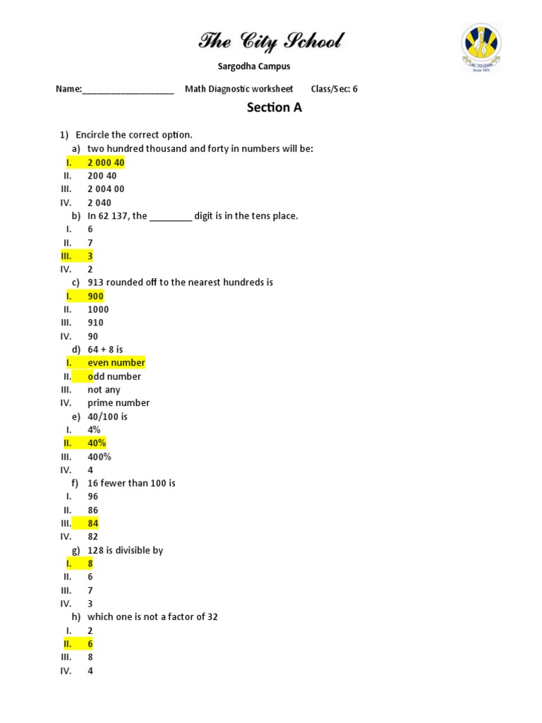 Class 6 Math Diagnostic Worksheet | PDF