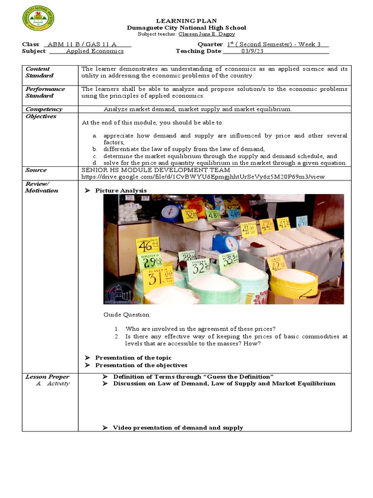 Lesson Plan Week 3 Applied Economics For Co | Download Free PDF ...