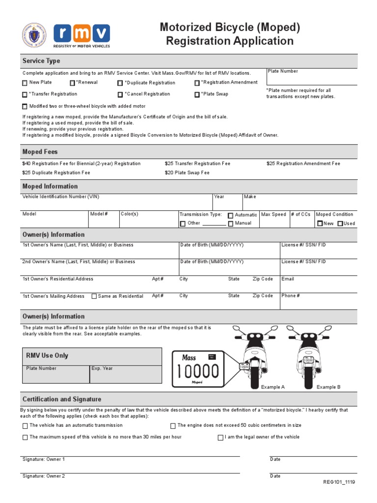 REG101 - Motorized Bicycle (Moped) Registration Application - Fillable ...
