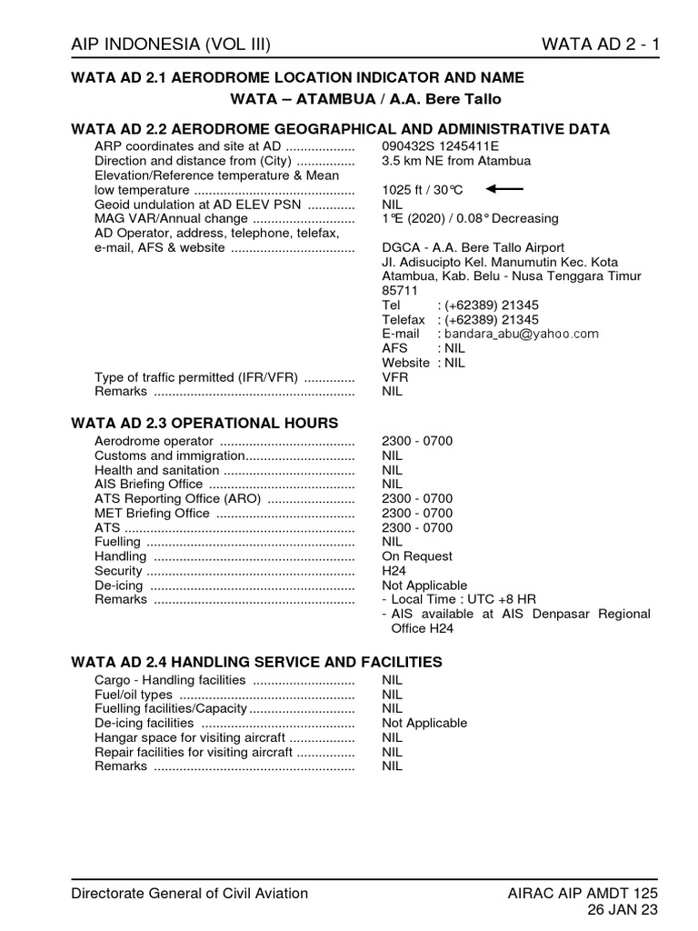 1727-WATA AD 2.1 To AD 2.24 AIRAC AIP AMDT 125 26 JAN 23 | PDF | Runway | Aviation