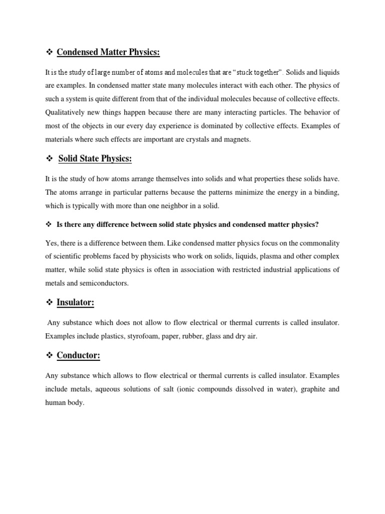 Condensed Matter Physics - Notes | PDF | Semiconductors | Solid