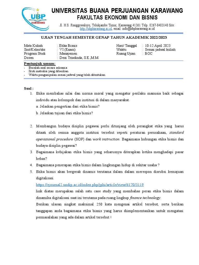 Soal Uts Etika Bisnis 2023 | PDF | Karier & Perkembangan