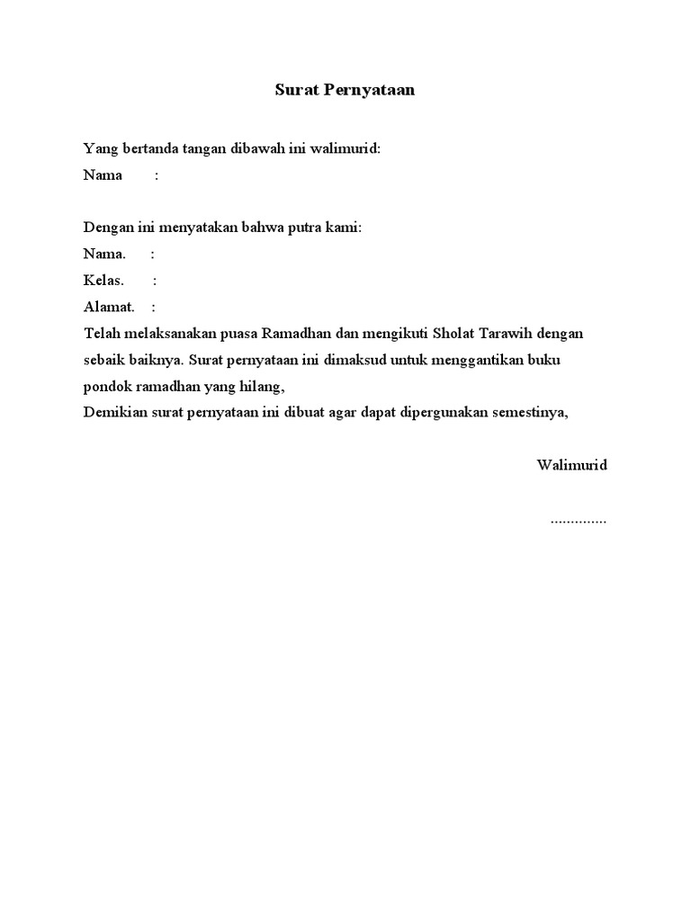 Surat Pernyataan Hilang Buku Pondok Ramadhan | PDF | Seni & Disiplin Bahasa | Agama & Spiritualitas
