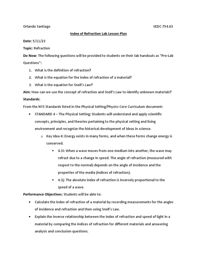 Index of Refraction Lab Lesson Plan E-Portfolio Version | PDF ...