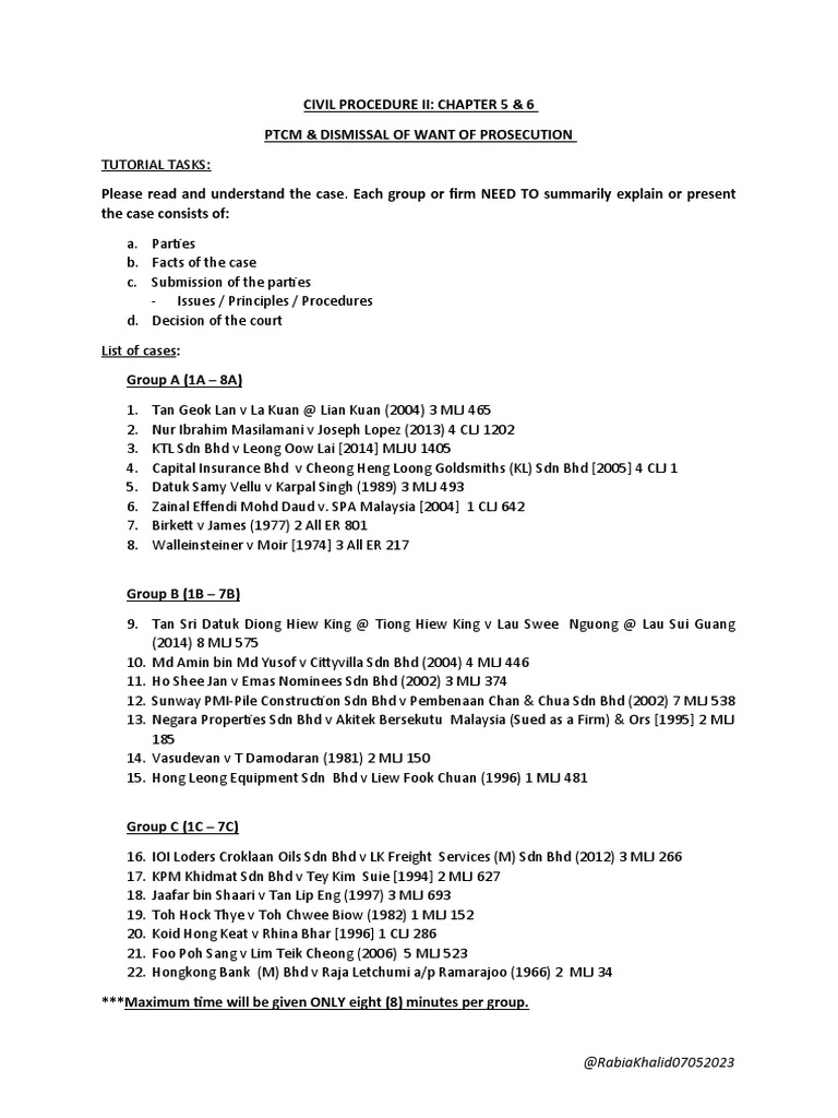 Tutorial Civil Procedure II - Chapter 5 & 6 - PTCM & Dismissal of Prosecution | PDF