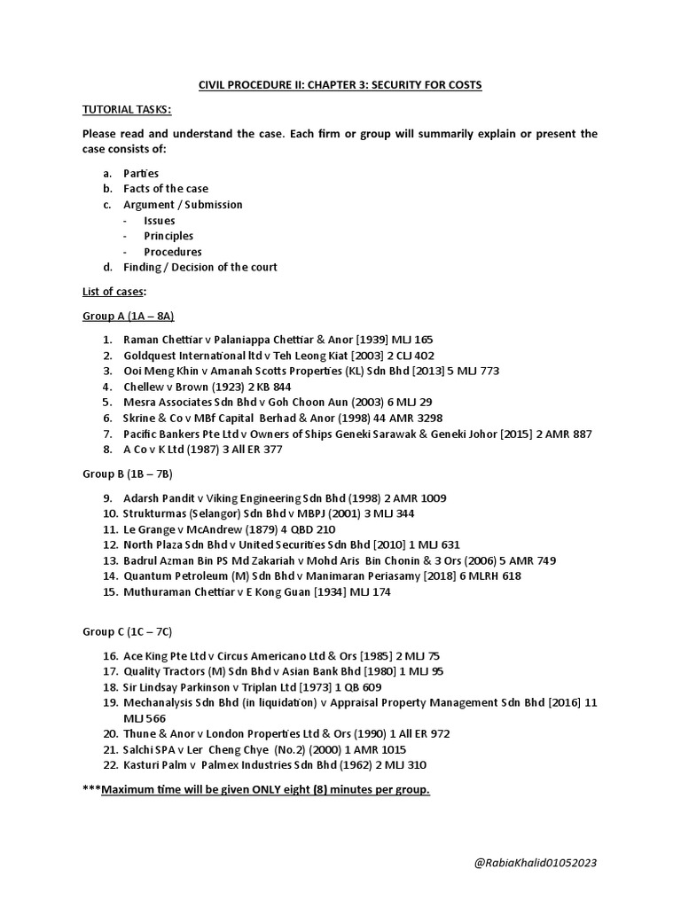 Tutorial Civil Procedure II - Chapter 3 - Security For Costs | PDF
