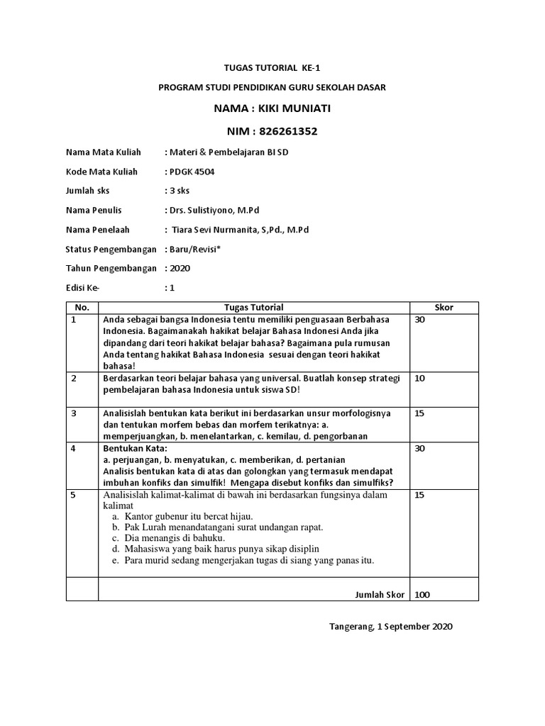 Jawaban Tugas 1 Materi & Pemb. BI | PDF