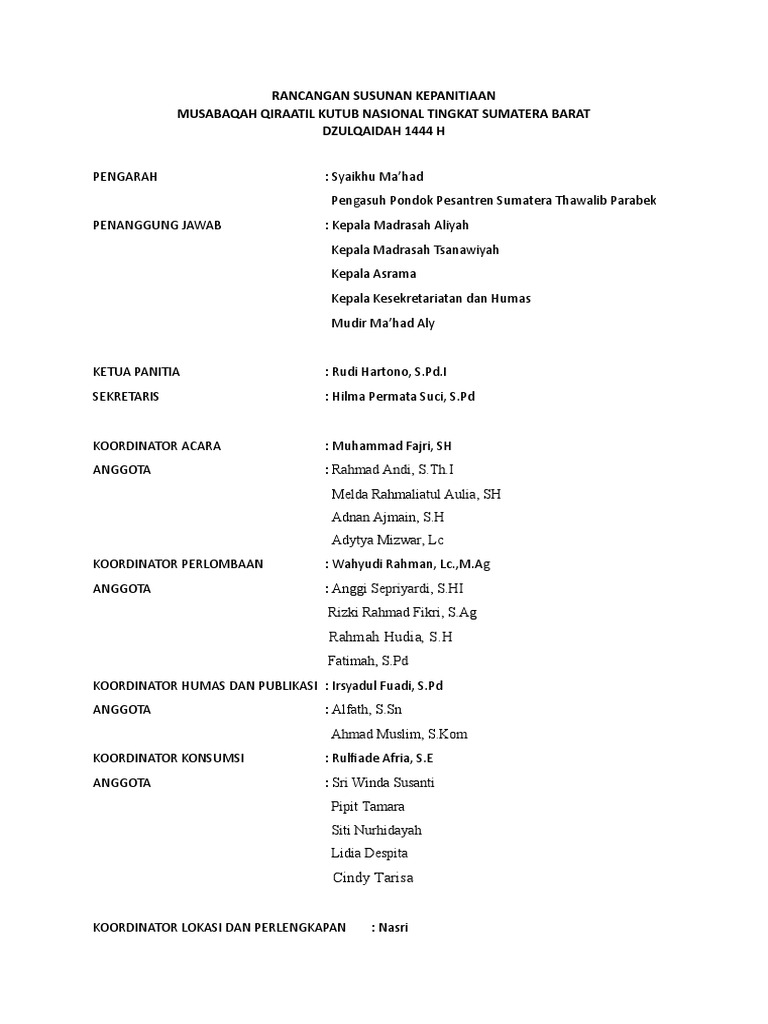 Susunan Kepanitiaan MQK 2023 | PDF