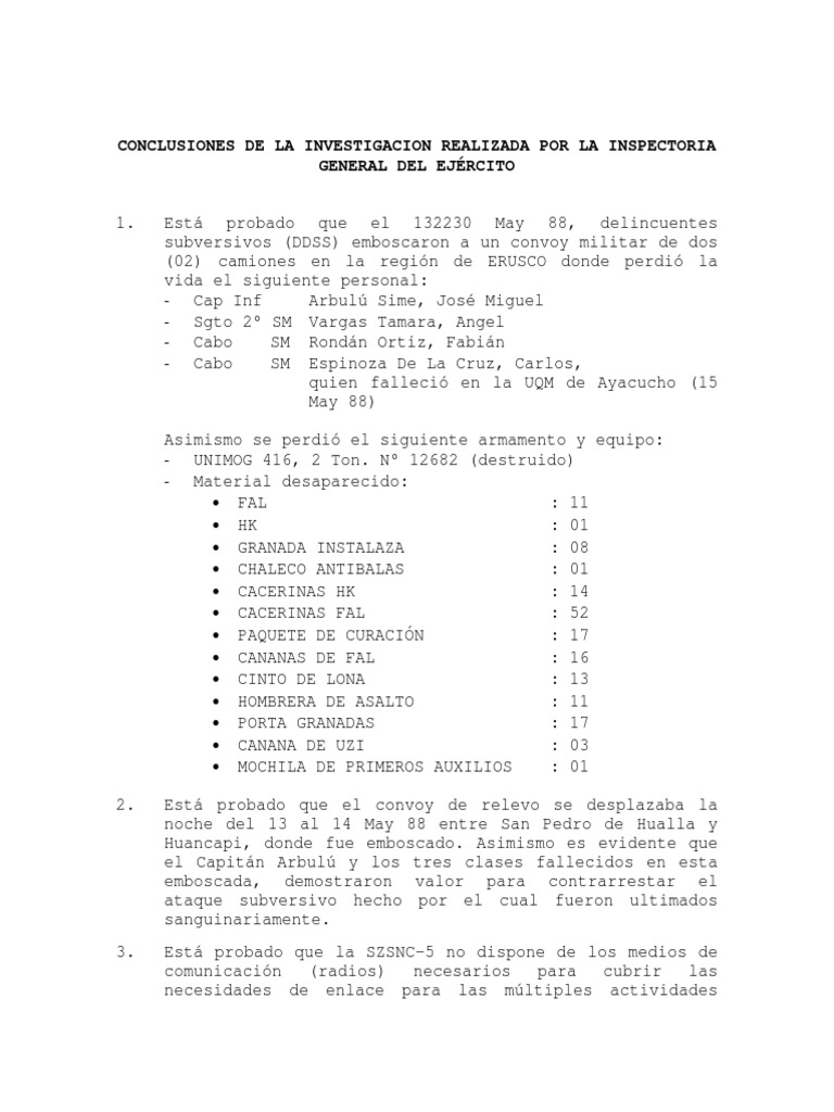 Conclusiones Investigación Caso Cayara de Inspectoría | PDF