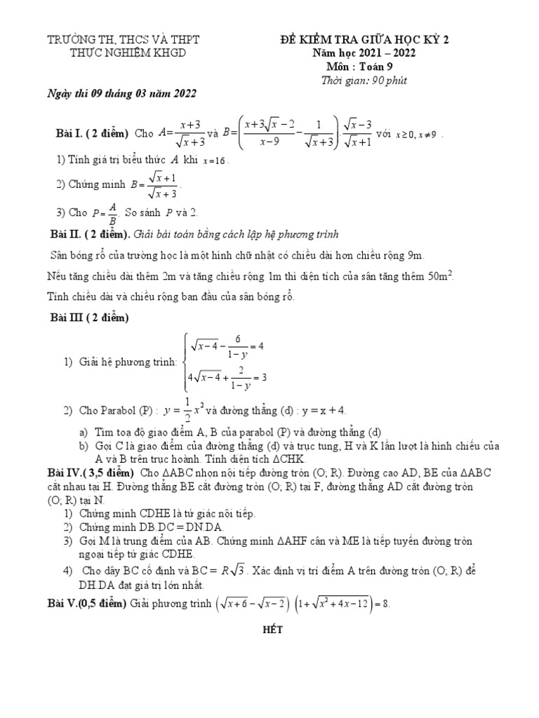 De Kiem Tra Giua Hoc Ky 2 Toan 9 Nam 2021 2022 Truong Thuc Nghiem KHGD Ha Noi | PDF