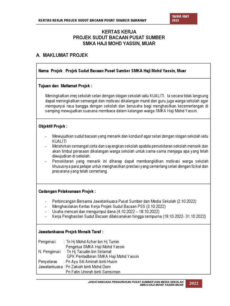 Kertas Kerja Projek Sudut Bacaan Smkahmy | PDF
