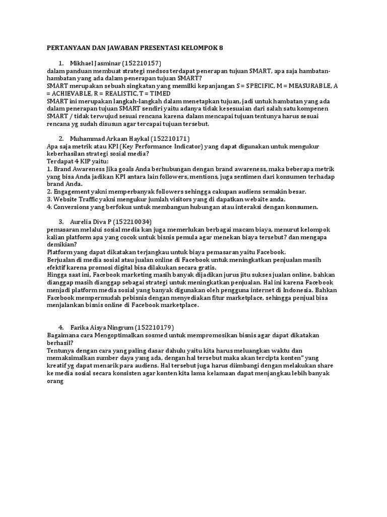 Pertanyaan Dan Jawaban Presentasi Kel.8 PDF | PDF