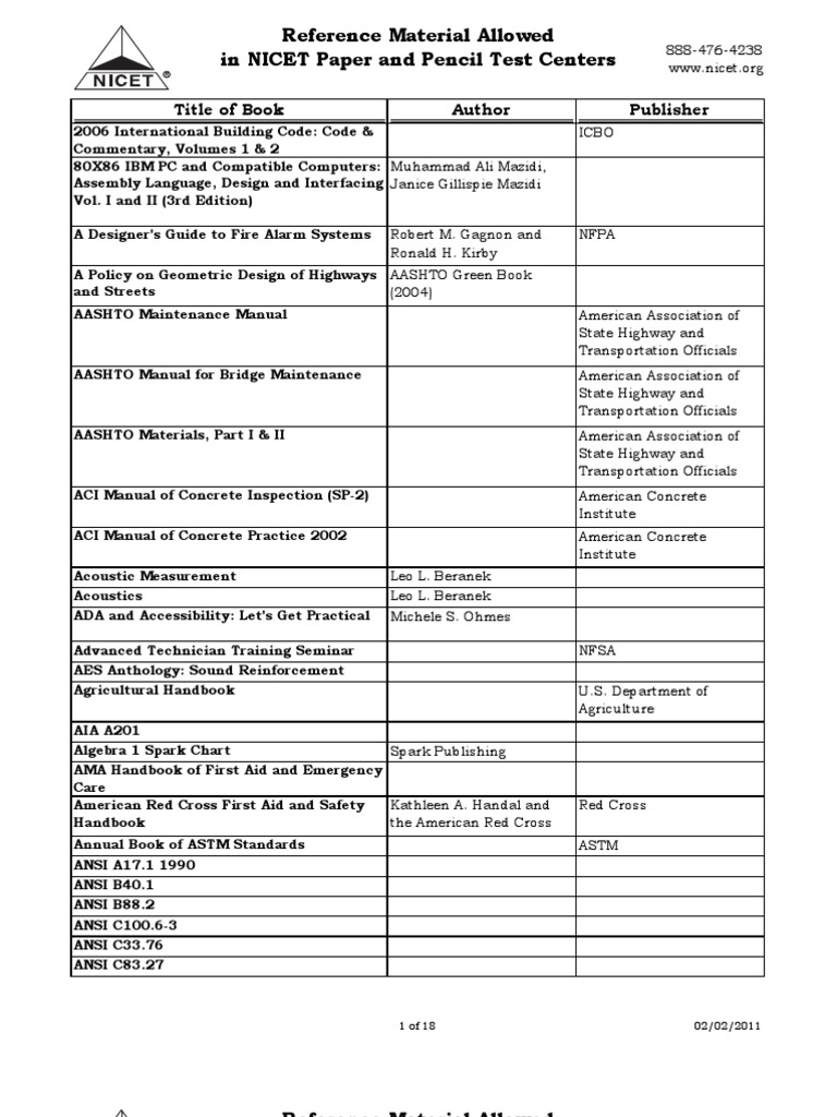 Reference Material Allowed in NICET Paper and Pencil Test Centers