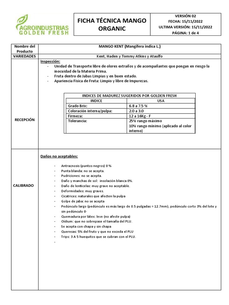 28-Fte - M - Organico Ficha Tecnica Golden Fresh 2022-2023 | PDF | Mango