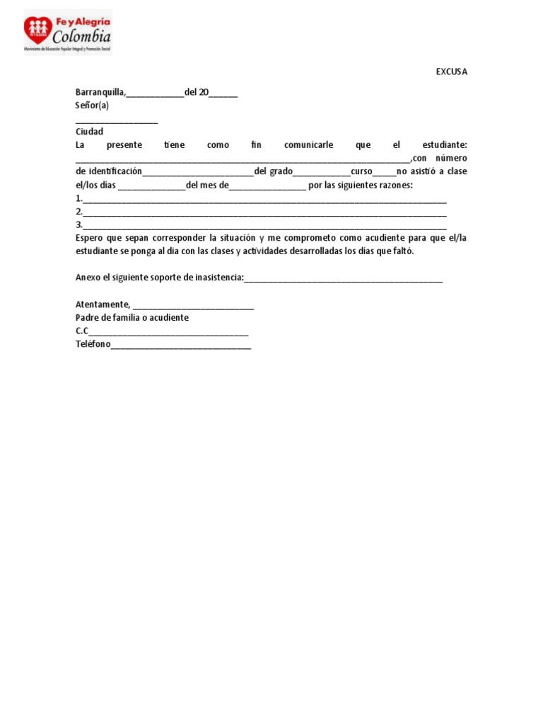 Carta de Excusa por Inasistencia Escolar | PDF | Crecimiento personal y ...