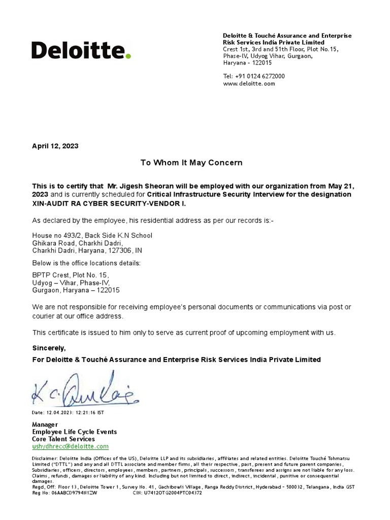 Deloitte Offer Letter Template | PDF