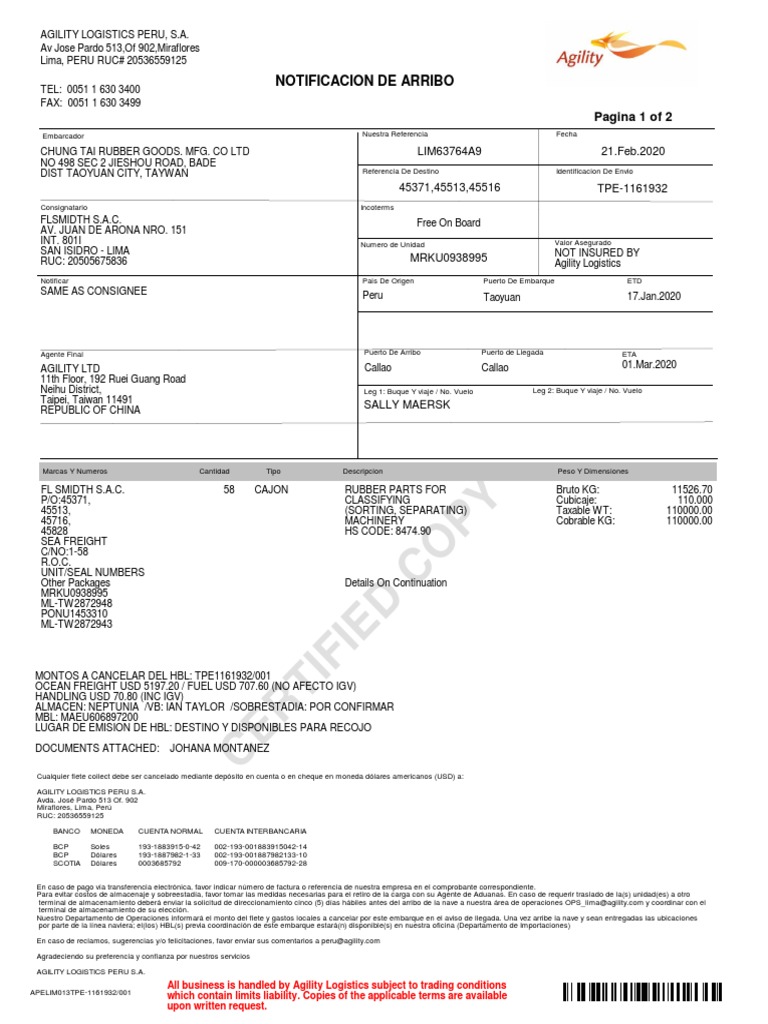 Notificación de detalles de embarque y pago de FL Smidth S.A.C. desde ...