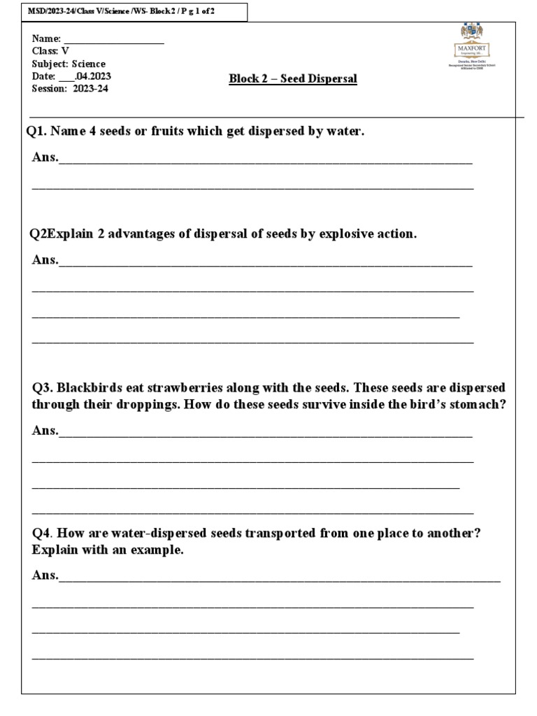 MSD2023-24 - Class V - Science Worksheet - Block - 2 SeedDispersal ...