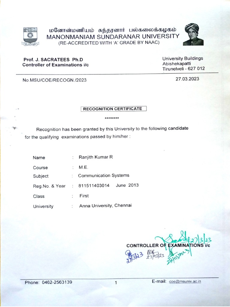 Recognition Certificate For MSU | PDF