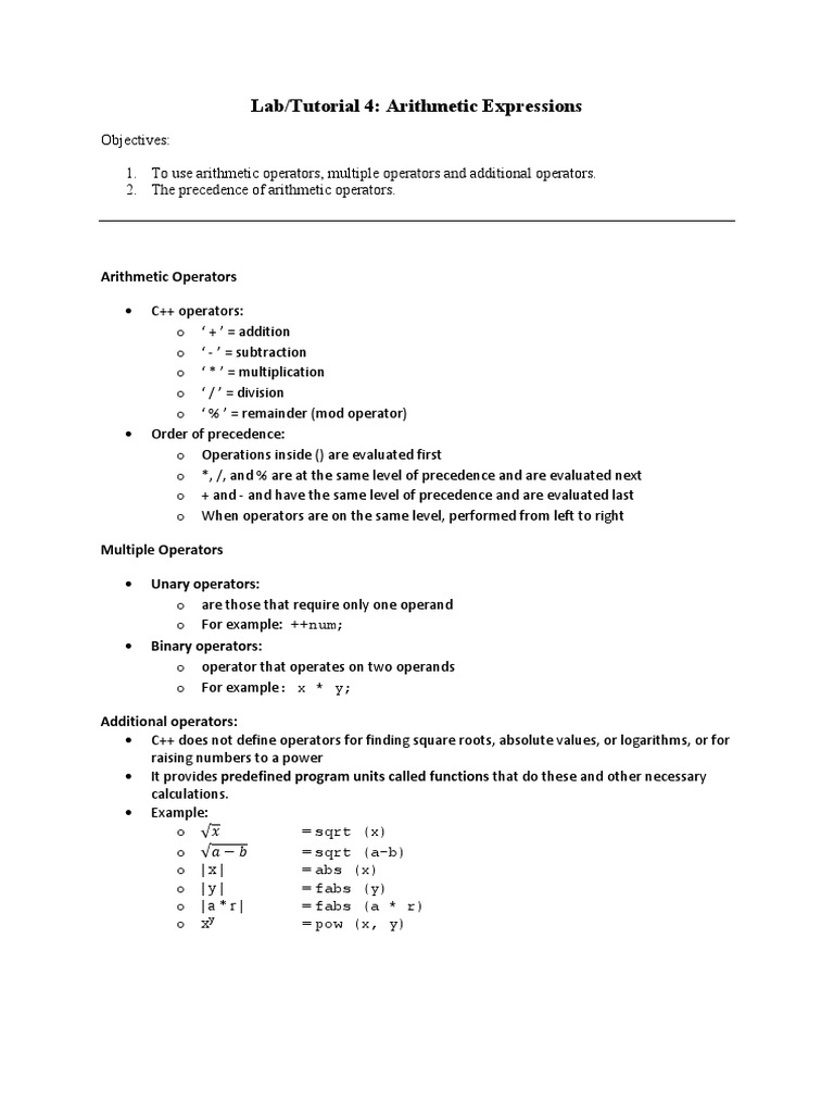 Lab/Tutorial 4: Arithmetic Expressions | PDF | Arithmetic | Computer ...