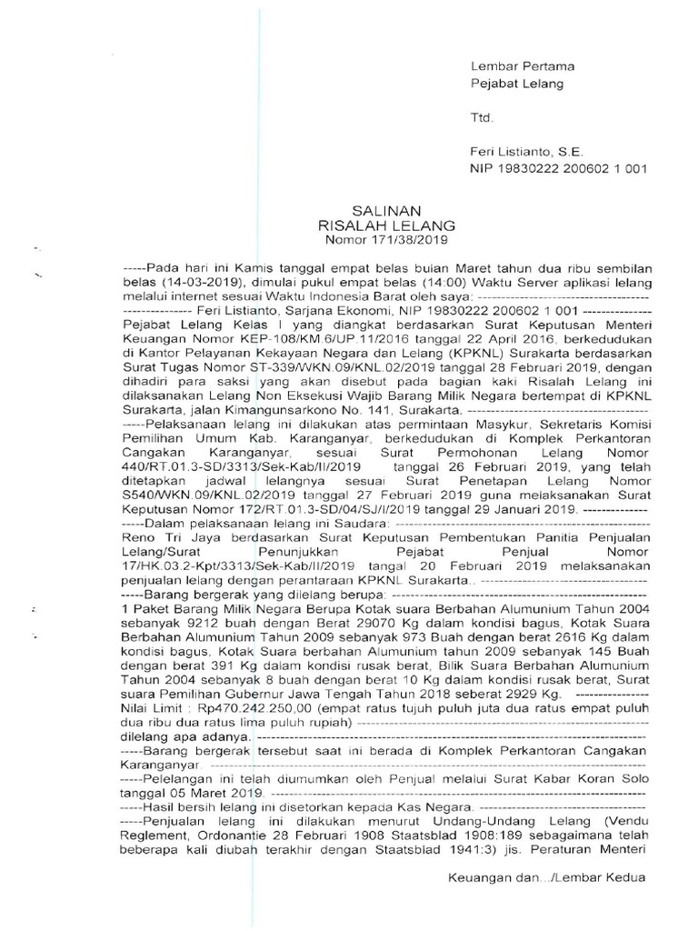 Contoh Risalah Lelang Eksekusi PDF | PDF