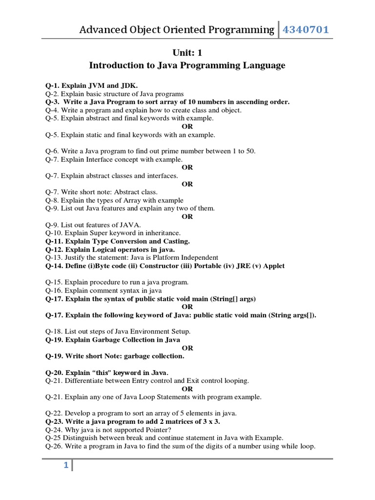 4340701-AOOP-Question Bank PDF | PDF | Java (Programming Language) | Method (Computer Programming)