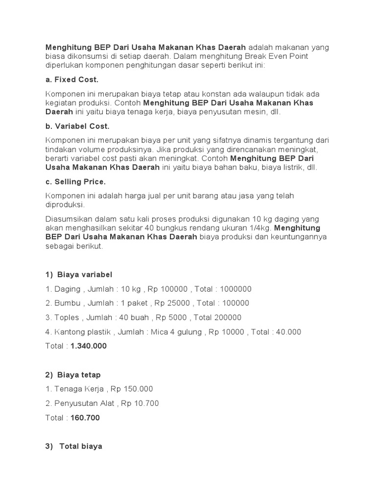 Menghitung BEP Usaha Makanan Khas | PDF | Sains & Matematika ...