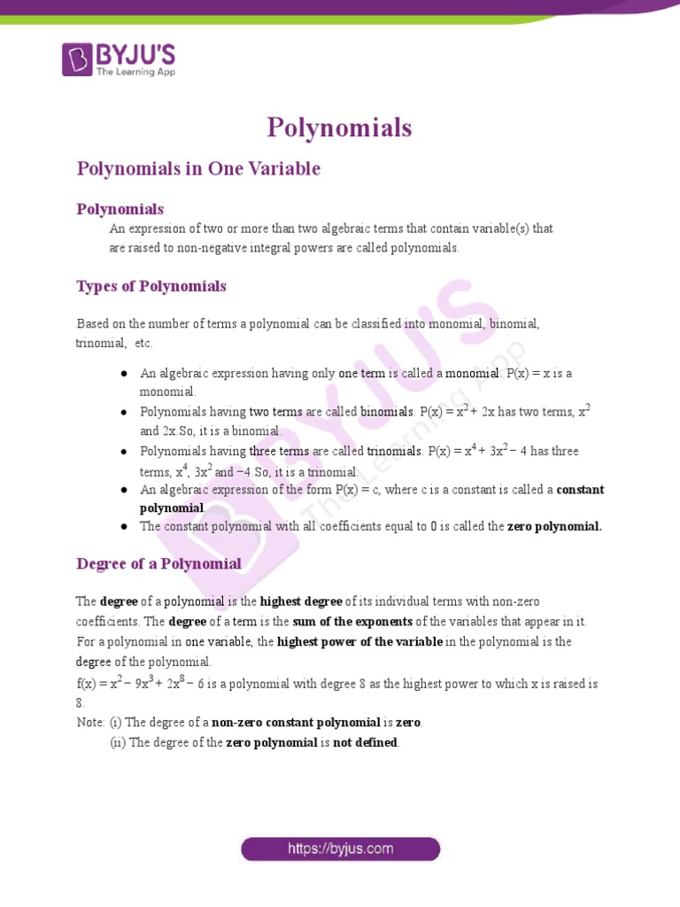 Polynomials Class 9 Notes PDF | PDF | Factorization | Polynomial