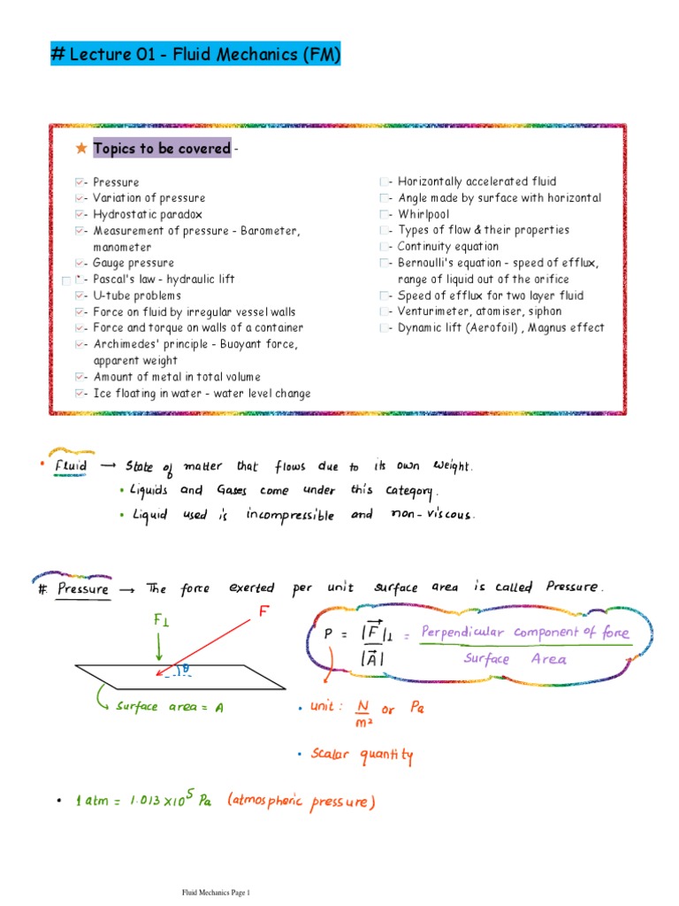 Fluid Mechanics (FM) Hand Written Notes For Class 11 Jee | PDF ...