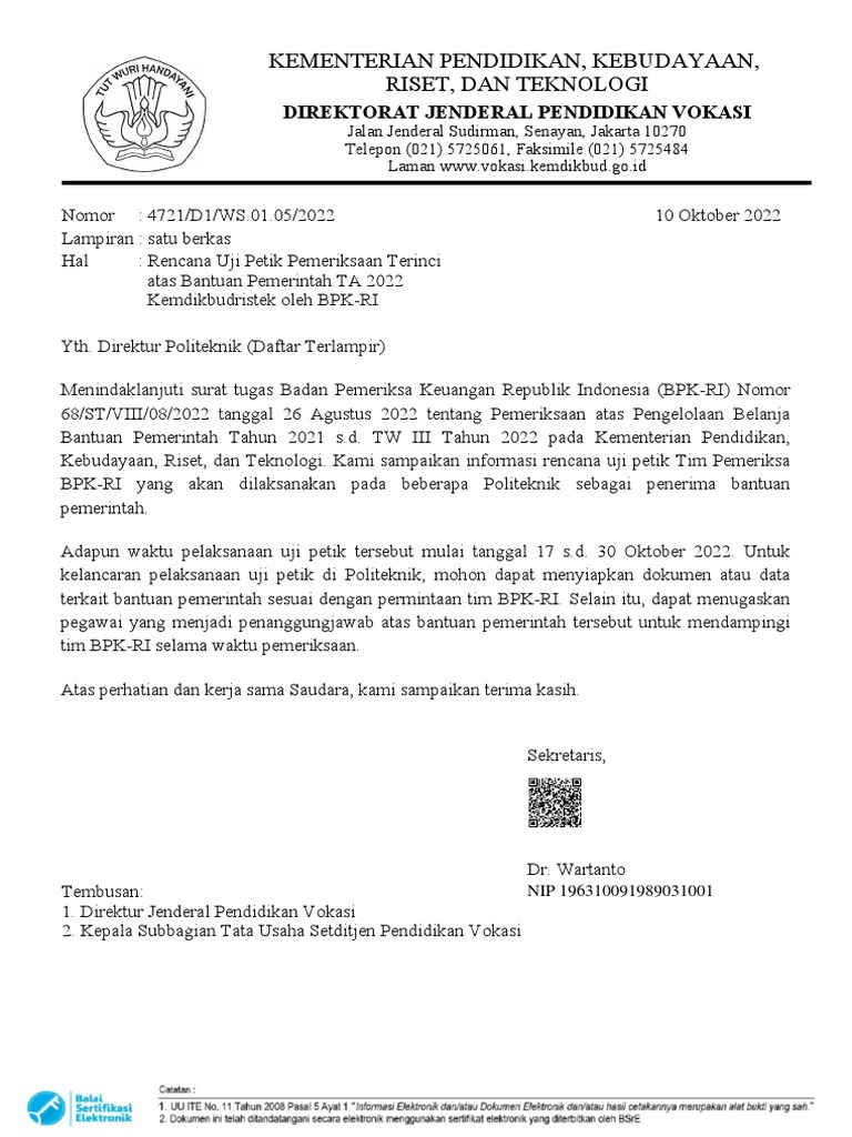4721 D1 WS.01.05 2022 Rencana Uji Petik Pemeriksaan Terinci Atas Bantuan Pemerintah TA 2022 ...