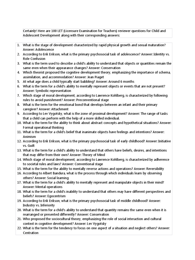 LET Reviewer: Child & Adolescent Development | PDF | Cognitive ...