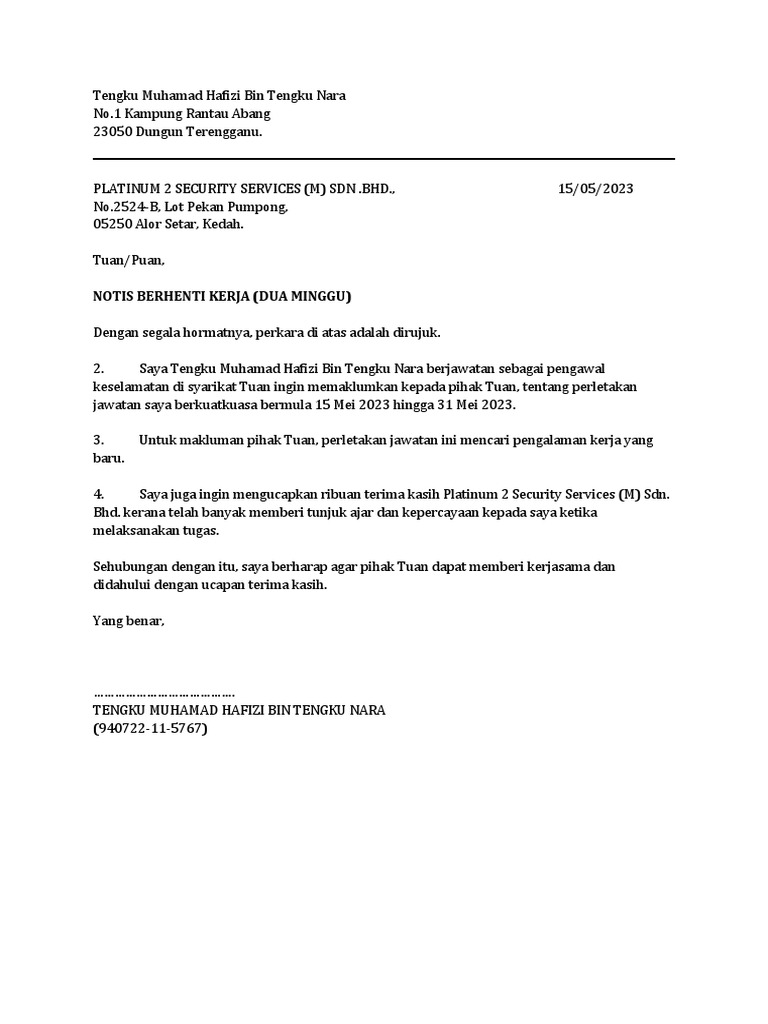 Notis Berhenti Kerja | PDF