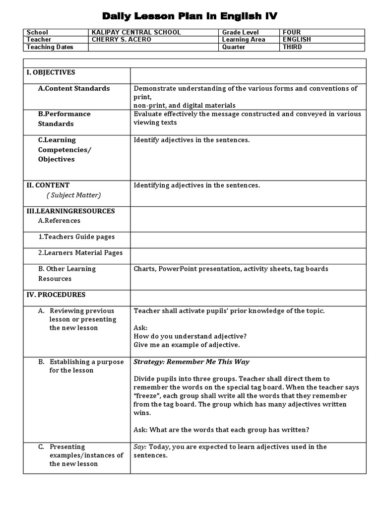 3RD COT Chepie English 4 | PDF | Teachers | Learning