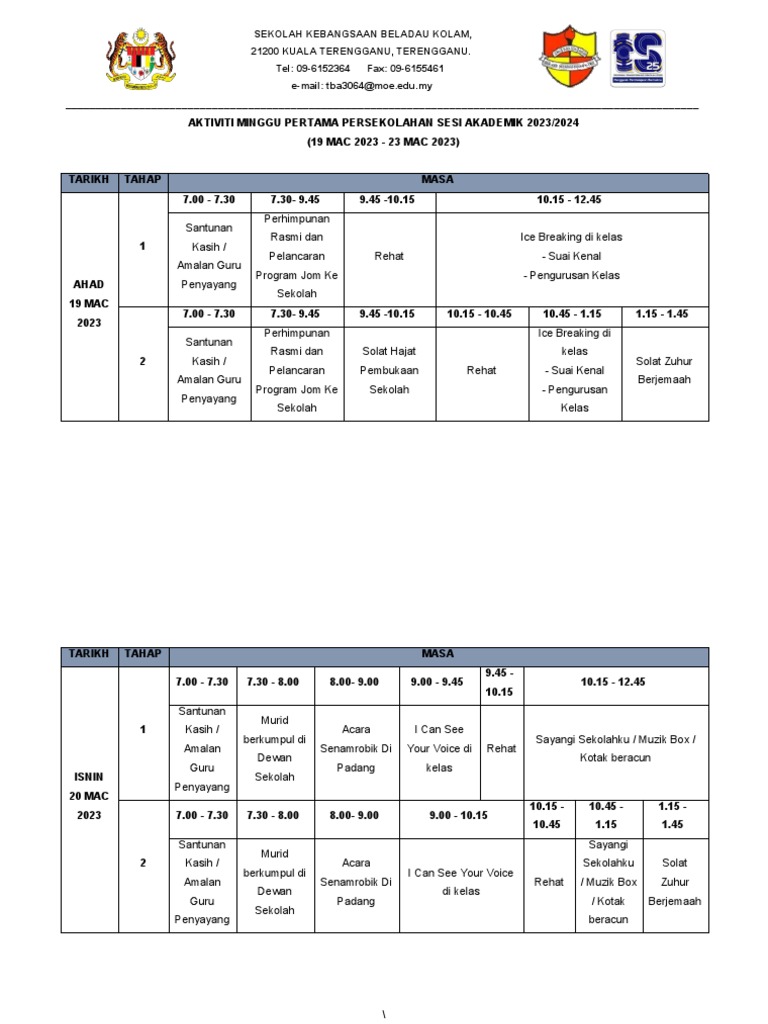 Jadual Program Buka Sekolah 2023 | PDF