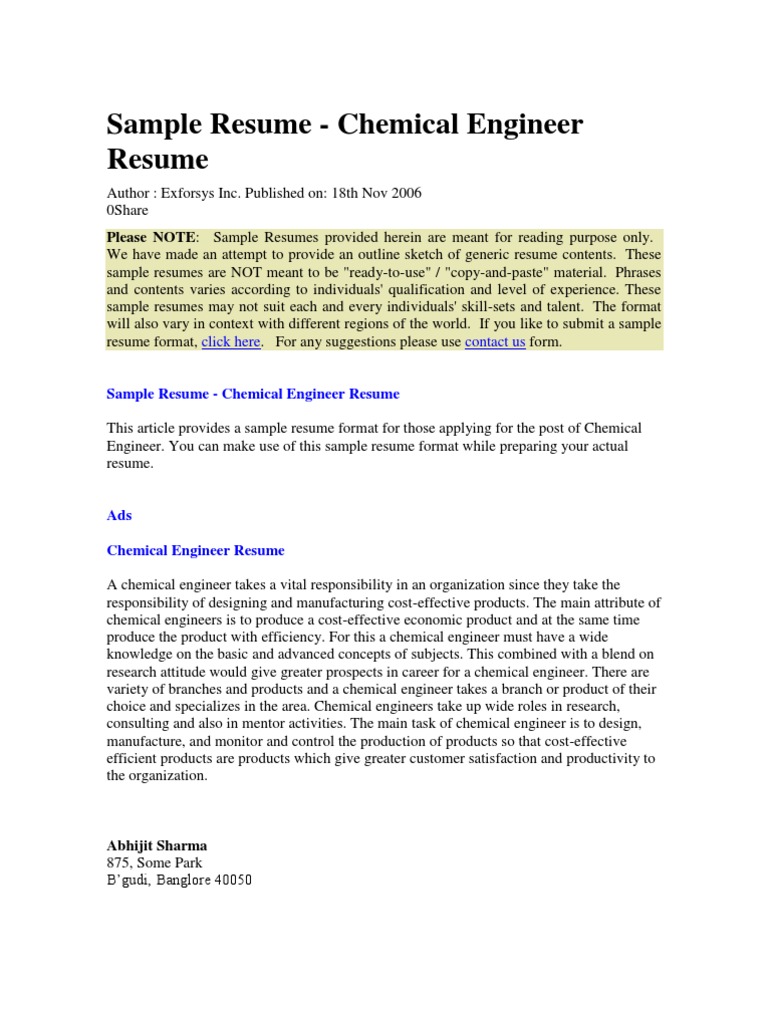 Sample Resume - Chemical Engineer Resume | PDF | Chemical Engineering ...