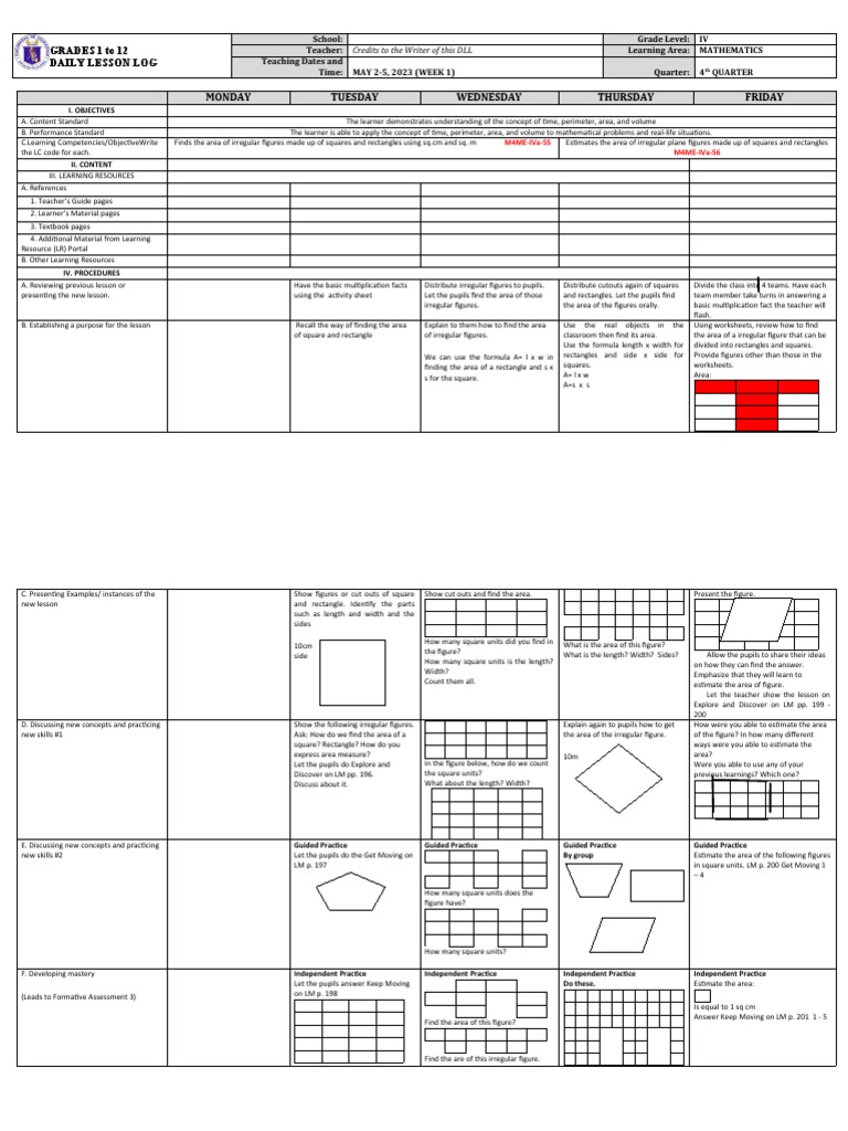 Grade 4 Math Lesson Plan: Area | PDF | Area | Teachers