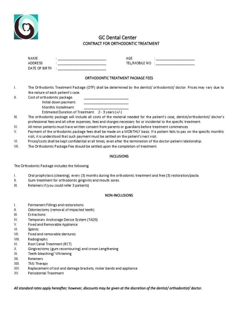 Orthodontic Contract and Consent Form PDF | PDF | Orthodontics | Periodontology