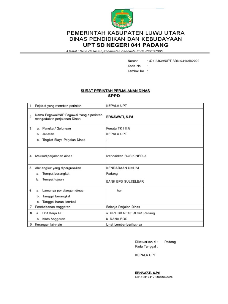 format blangko sppd | PDF