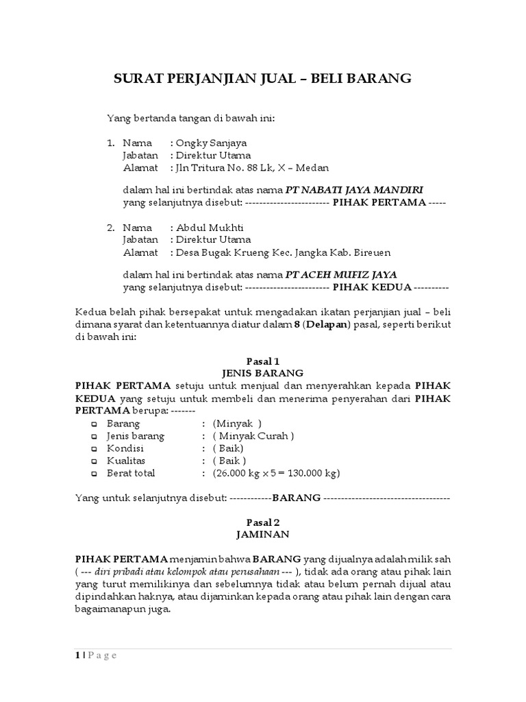 SURAT PERJANJIAN JUAL BELI | PDF