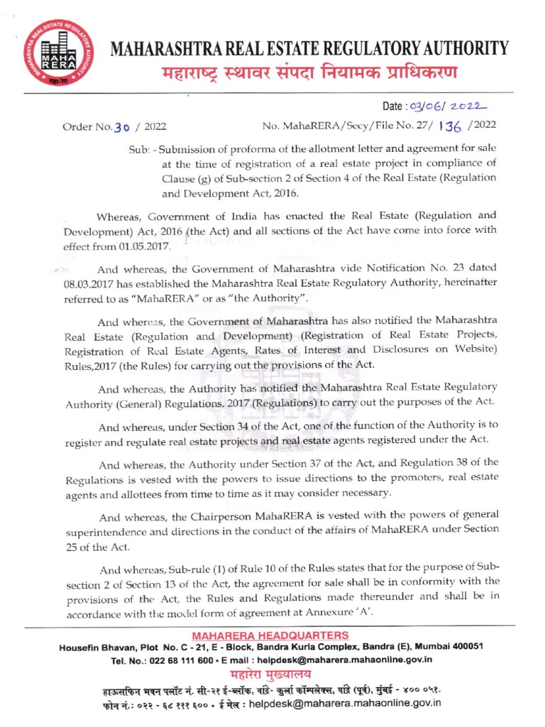 Maharashtra RERA Approves Model Allotment Letter Format | PDF