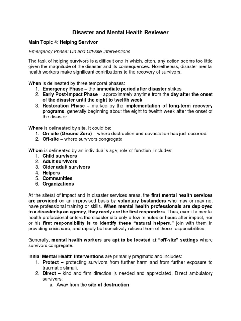 Disaster and Mental Health Reviewer Main Topic 4 | PDF | Psychological Trauma | Mental Health