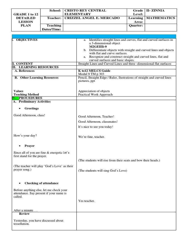 Grade II Mathematics Lesson Plan on Identifying Straight and Curved ...