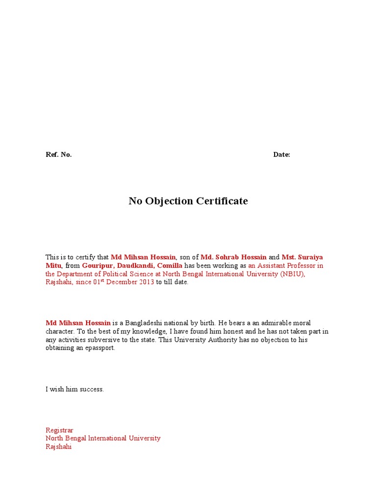 NOC Formate (For Private Employee) PDF | PDF