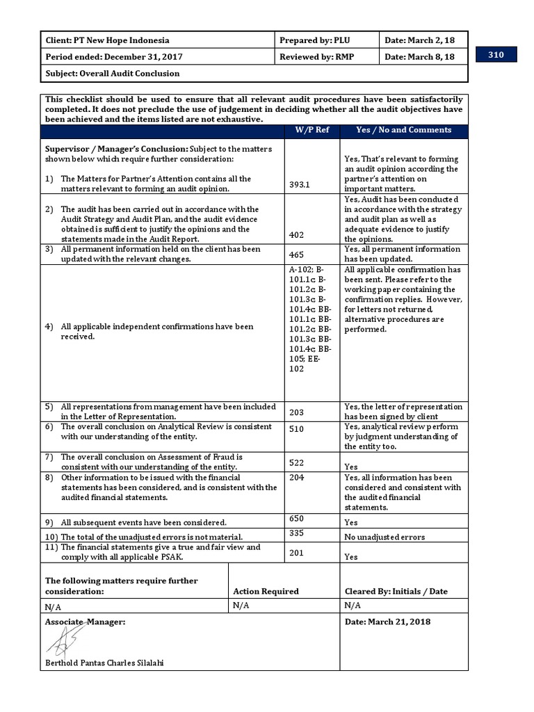 310 Overall Audit Conclusion | PDF | Audit | Auditor's Report