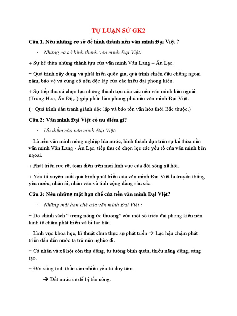 TỰ LUẬN SỬ GK2 | PDF