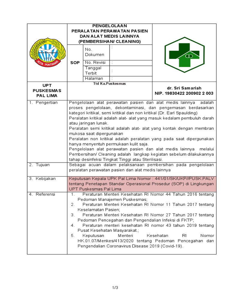 SOP PENGELOLAAN ALAT PERAWATAN PASIEN DAN ALAT MEDIS LAINNYA DENGAN PEMBERSIHAN (CLEANING) | PDF